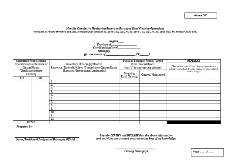 Barangay Road Clearing Template ANNEX B | PDF