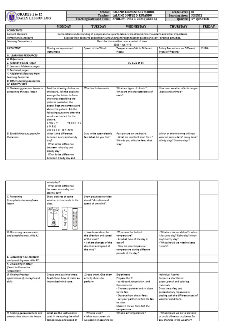 DLL_SCIENCE 3_Q4_W5 | PDF | Learning | Weather