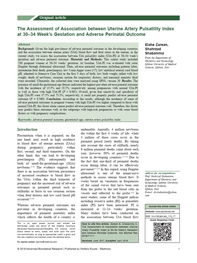 The Assessment of Association Between Uterine Artery Pulsatility Index ...