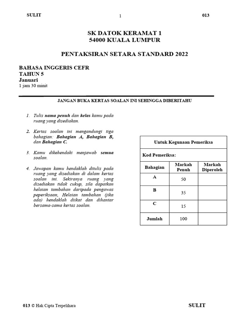 Ujian Pentaksiran Bi Tahun 5 2022 | PDF