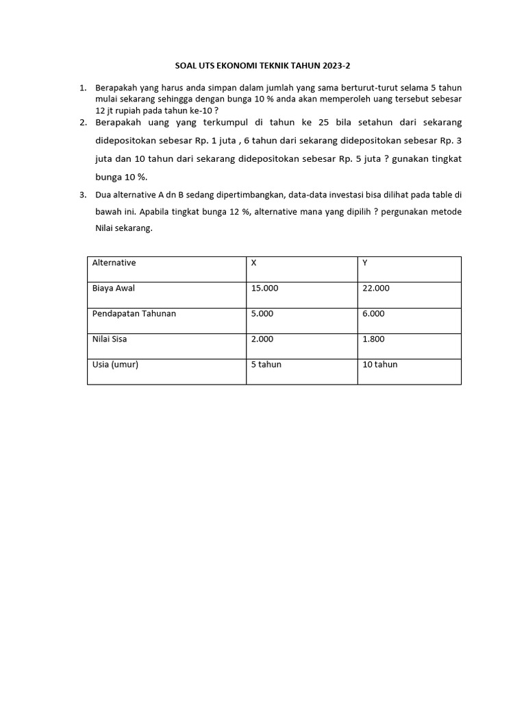 Soal Uts Ekonomi Teknik Tahun 2023 | PDF