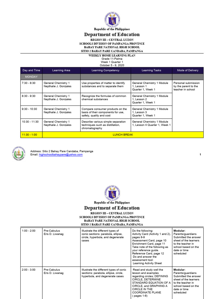 Week 1 WEEKLY HOME LEARNING PLAN 1 | PDF