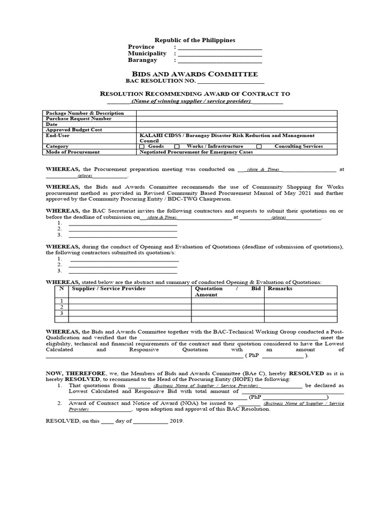 BAC Resolution for Contract Award | PDF | Procurement