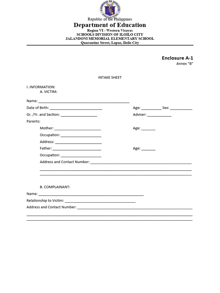 JMES GUIDANCE PAPERS - INTAKE SHEET (AutoRecovered) | PDF | Child Abuse ...