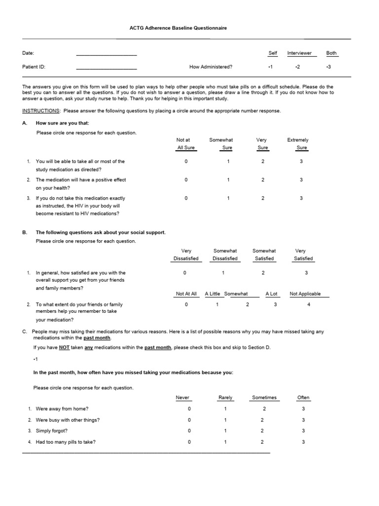 ACTG Adherence Baseline Questionnaire | PDF | Alcoholic Beverages | Drink