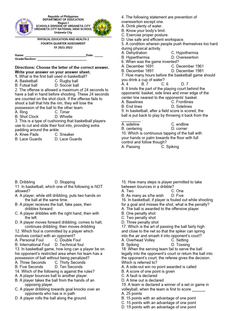 PEH11 4th Quarter Assessment | PDF | Volleyball | Sports Rules And ...