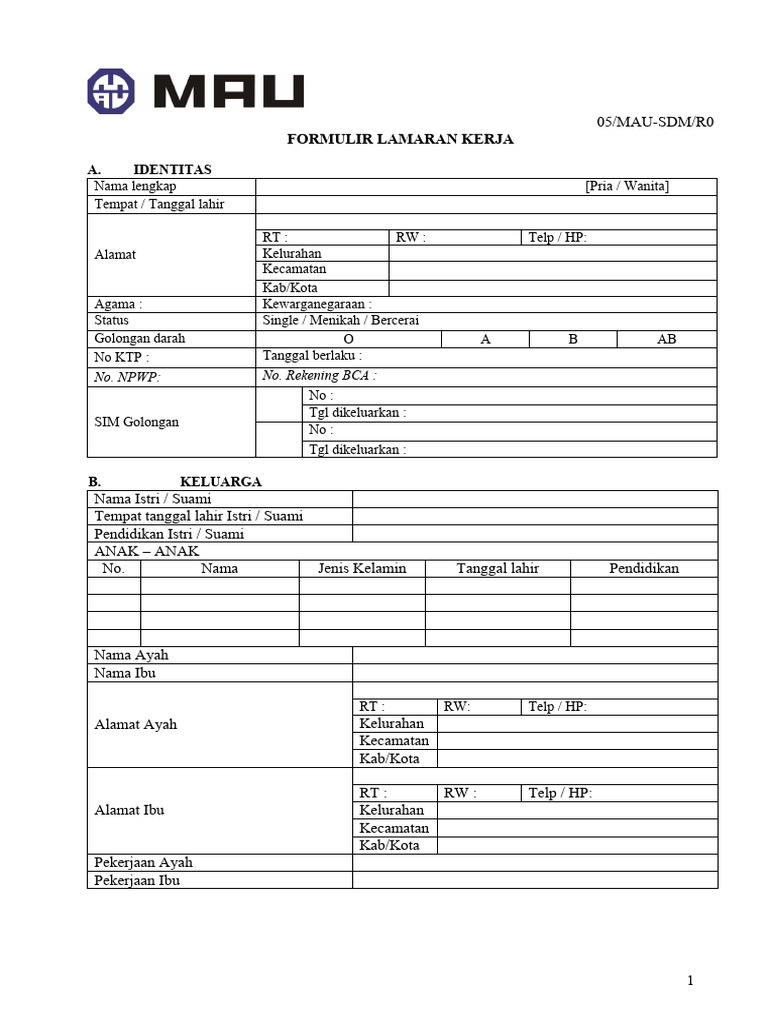 05 Mau SDM r0 Formulir Lamaran Kerja | PDF