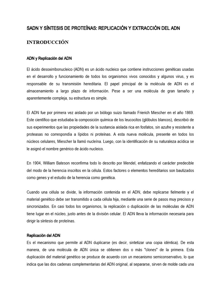ADN Y SÍNTESIS DE PROTEÍNAS REPLICACIÓN Y EXTRACCIÓN DEl ADN | PDF ...