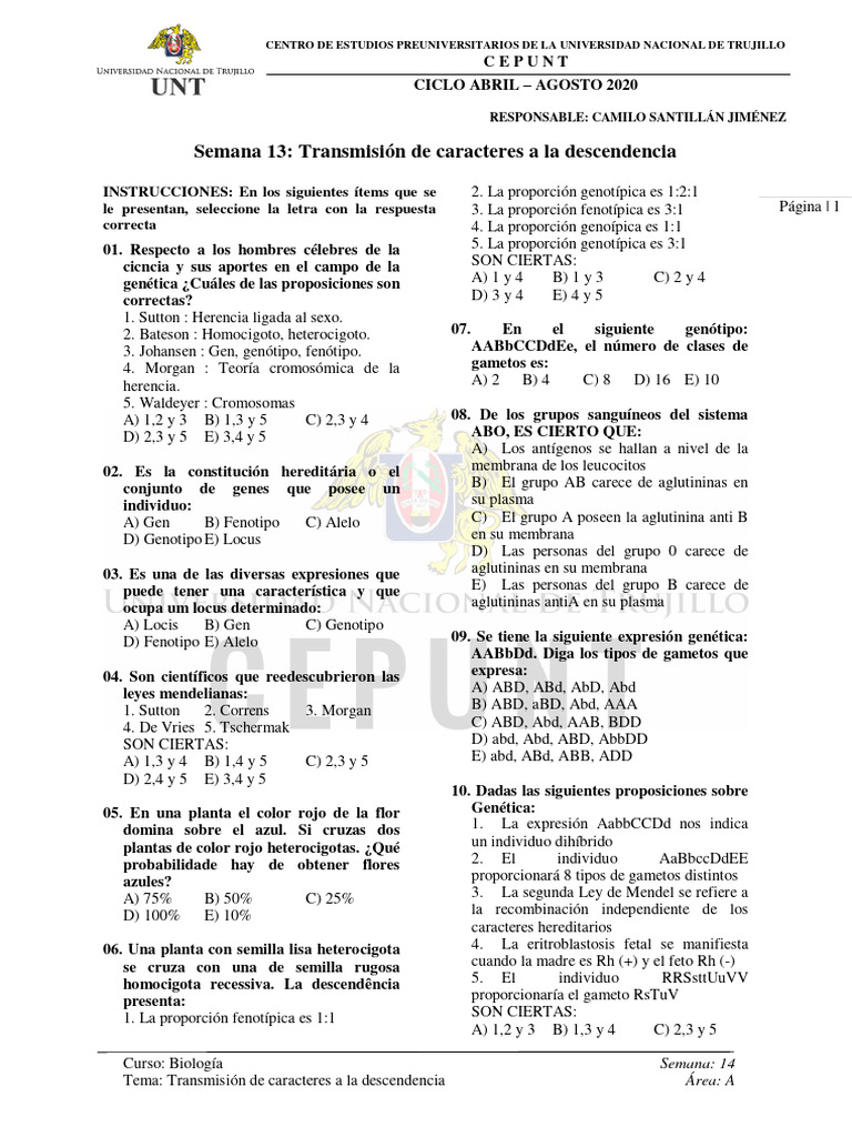 Cepunt Biosemana 13 TRANSFERENCIA Aula 1A 3A 2020 Camilo | PDF | Alelo ...