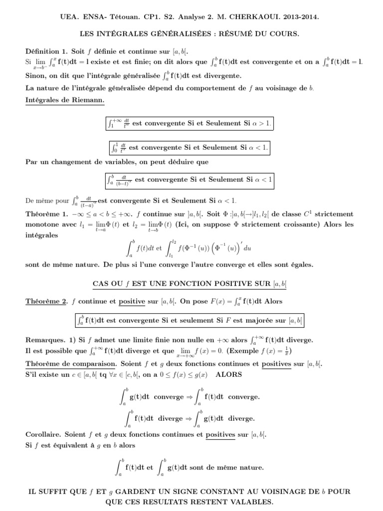 Intégrale Généralisée Résumé Cours | PDF | Limite (mathématiques) | Analyse réelle