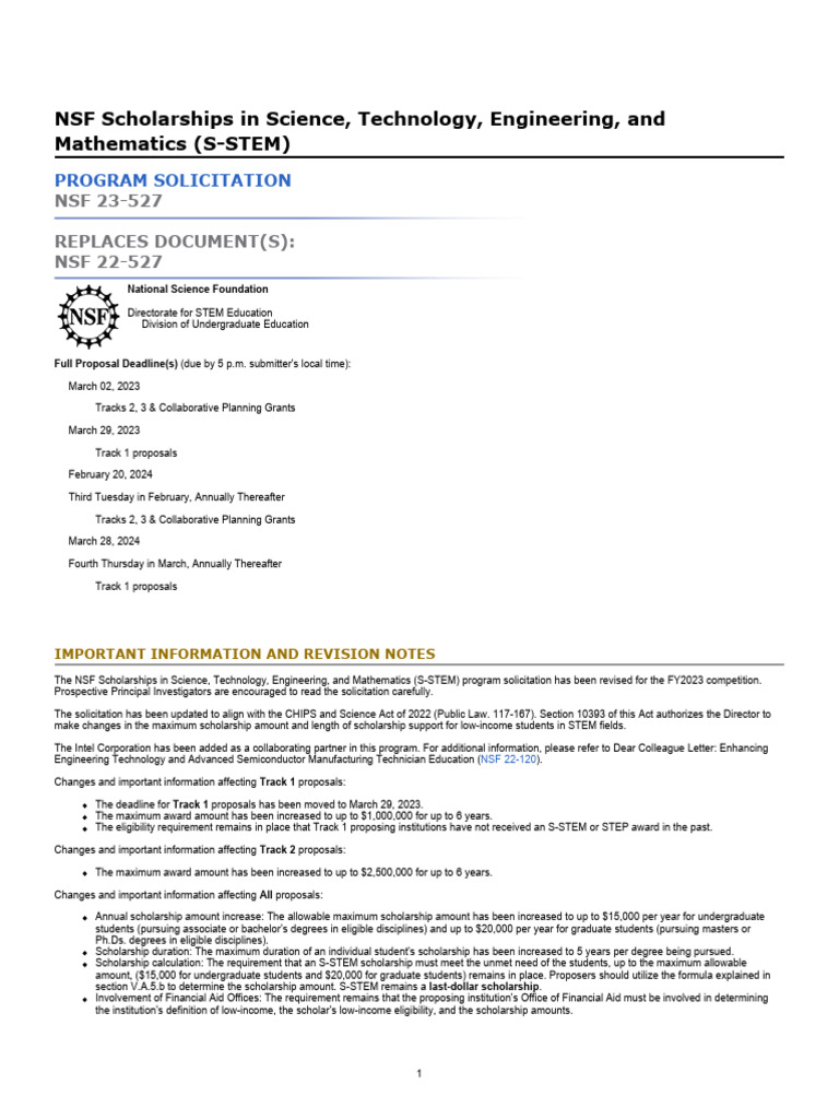 NSF S-STEM Solicitation FY23 | PDF | Science, Technology, Engineering, And Mathematics | Student ...