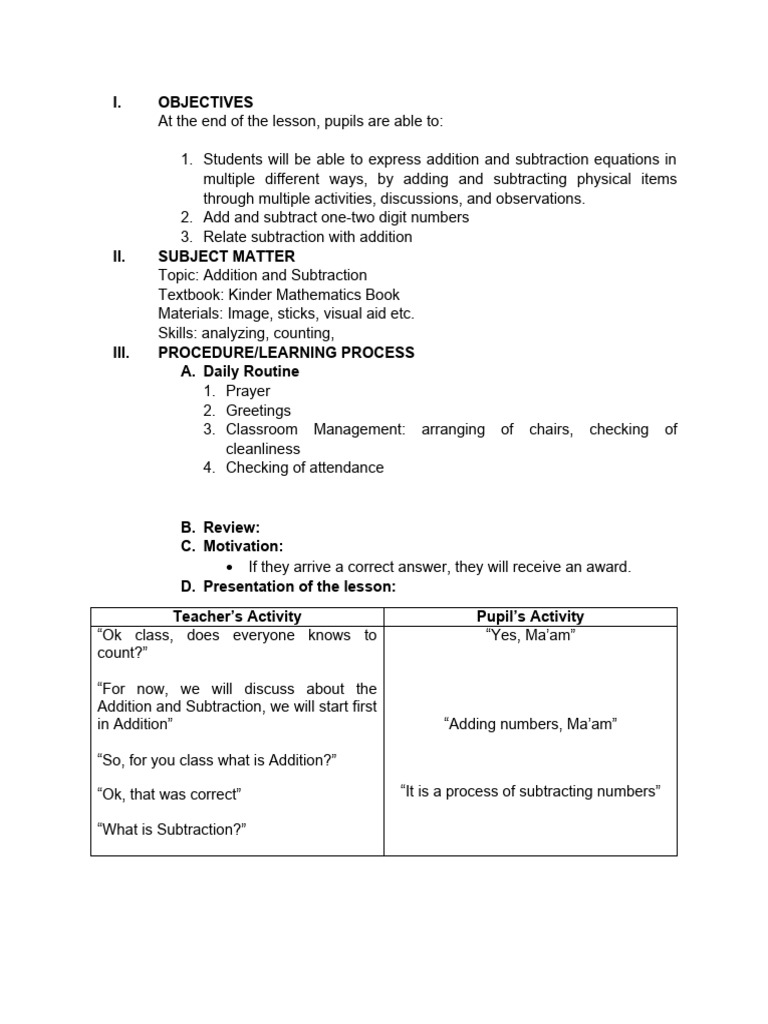 1ST SNED Lesson Plan Math | Download Free PDF | Subtraction | Learning