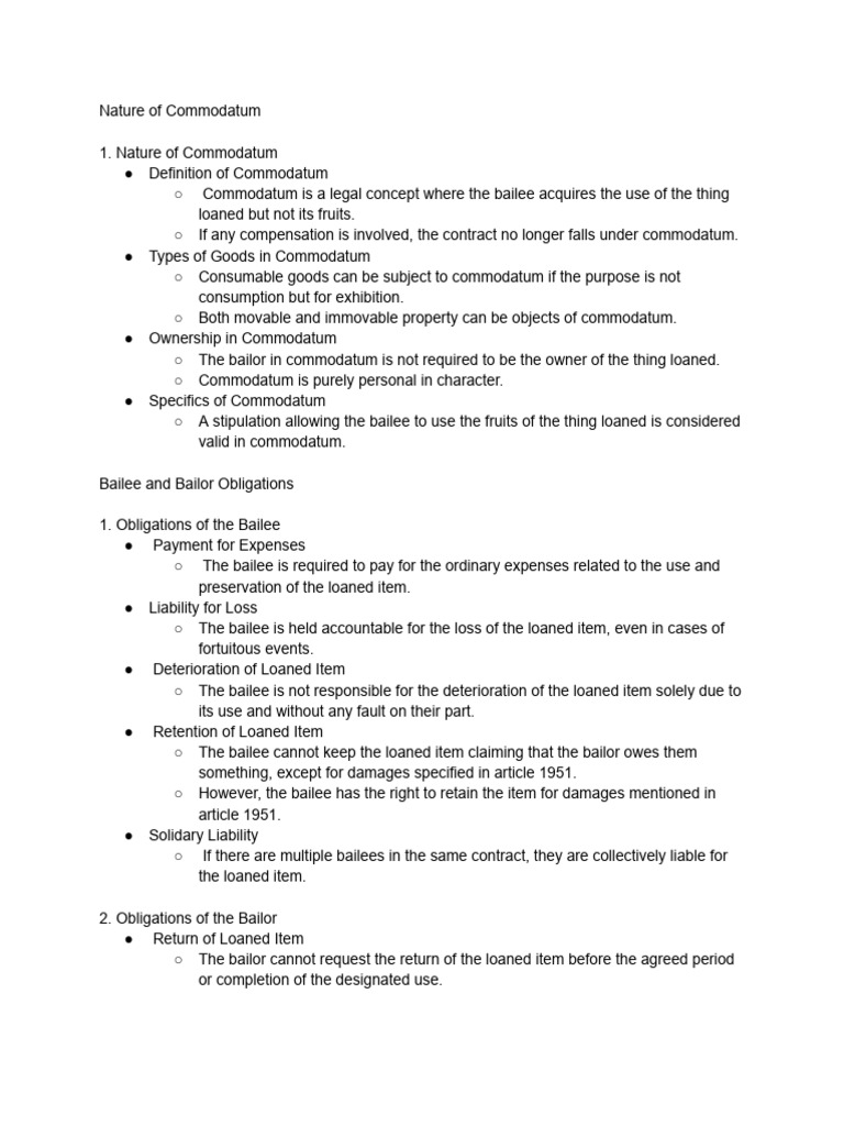Commodatum: Legal Concept & Obligations | PDF | Loans | Damages