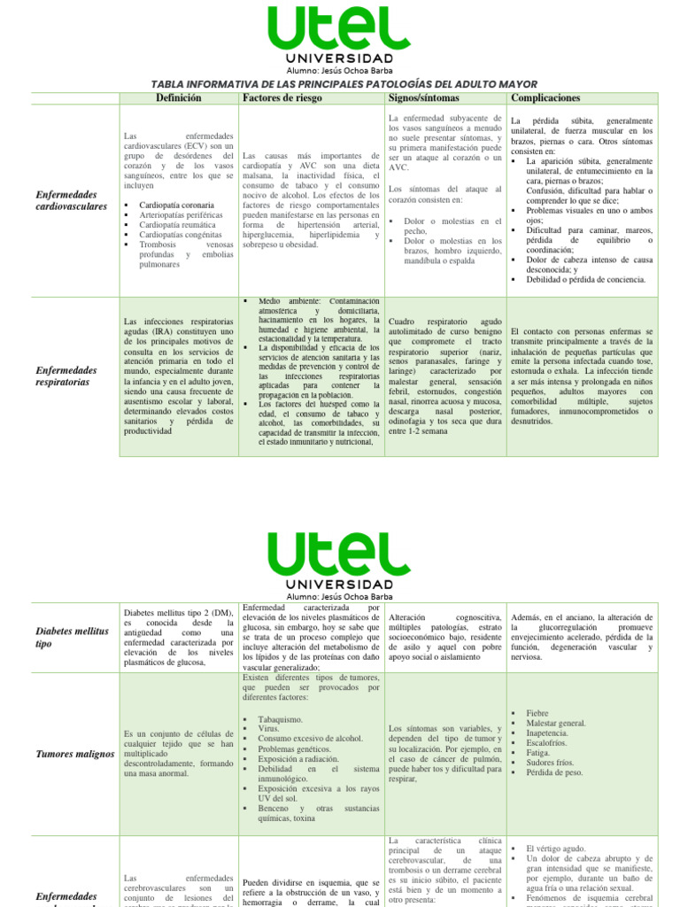 Tabla Informativa de Las Principales Patologías Del Adulto Mayor | PDF ...