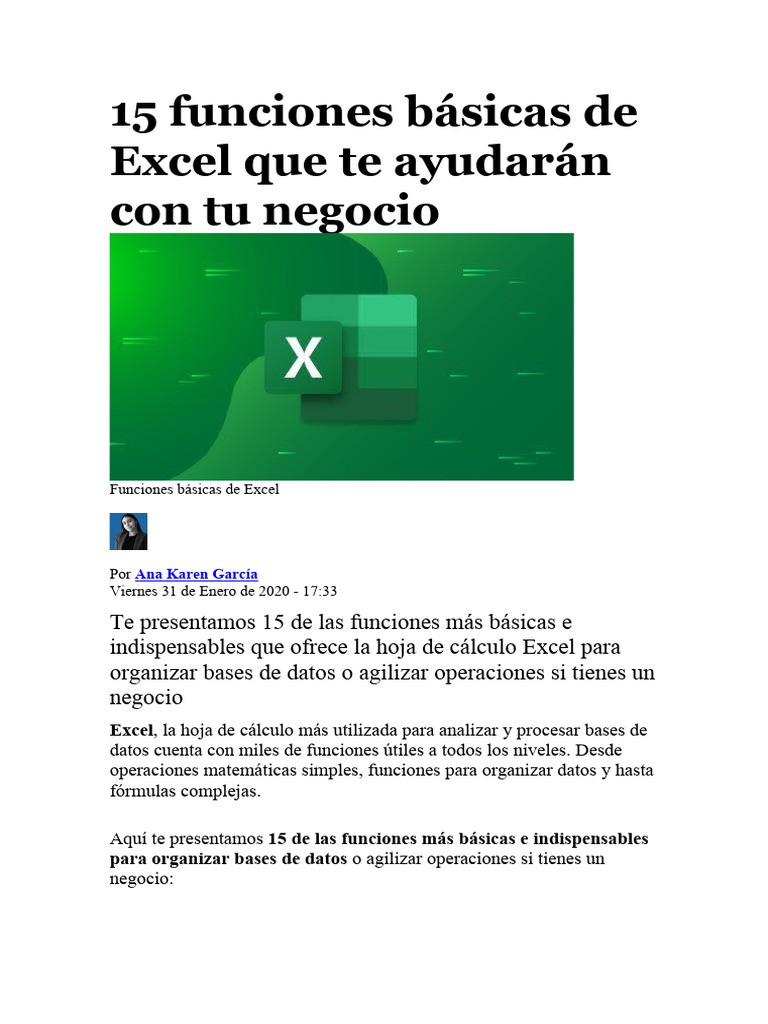 15 Funciones Básicas de Excel Que Te Ayudarán Con Tu Negocio | PDF | Hoja de cálculo | Microsoft ...