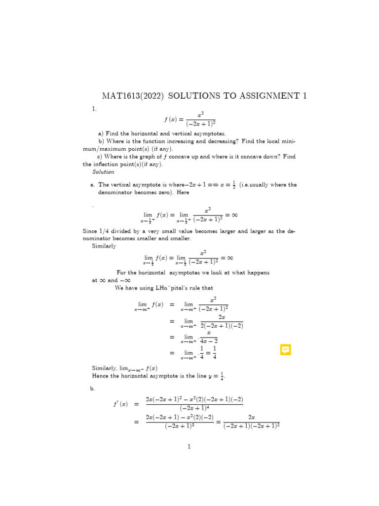 MAT1613 Assignment 1 Solutions Guide | PDF | Asymptote | Graph Theory