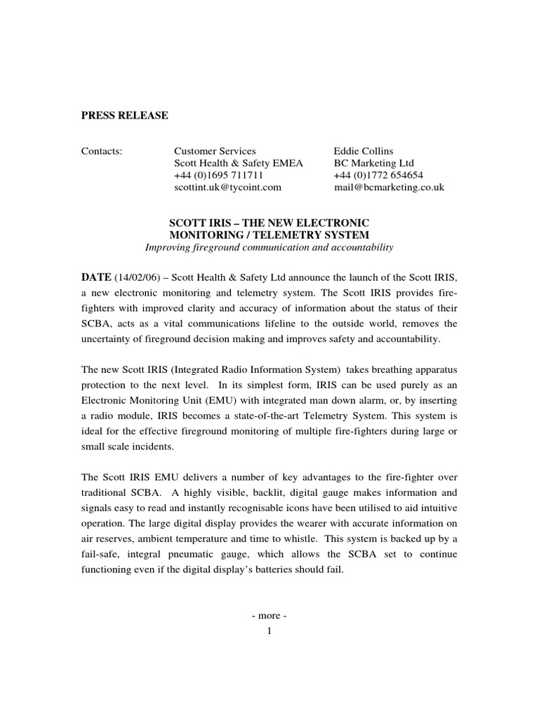 Scott IRIS - PR - ENG - 72dpi | PDF | Firefighter | Telemetry