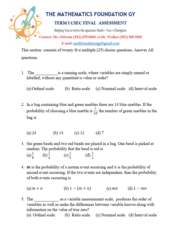 CSEC Assessment I | PDF | Level Of Measurement | Mathematics