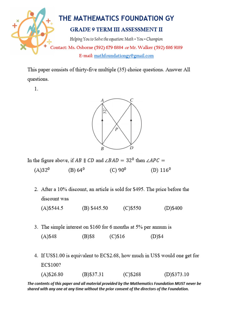 Grade 9 Term III - Assessment Two | PDF | Circle | Angle