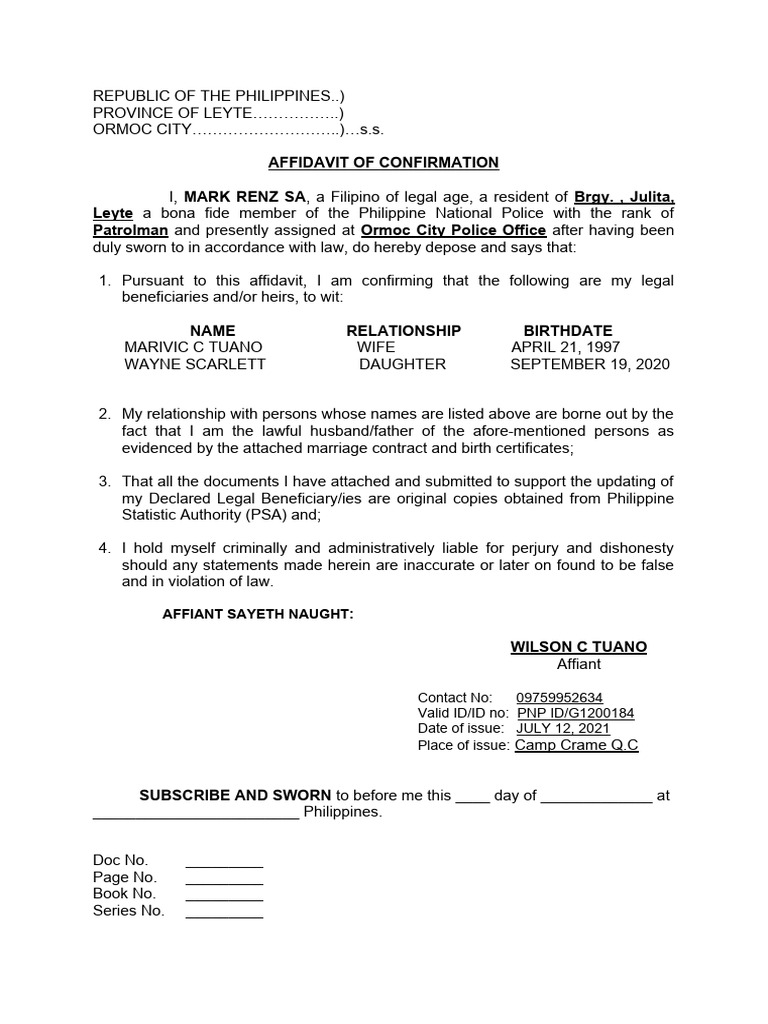 Affidavit of Confirmation | PDF | Affidavit | Legal Procedure
