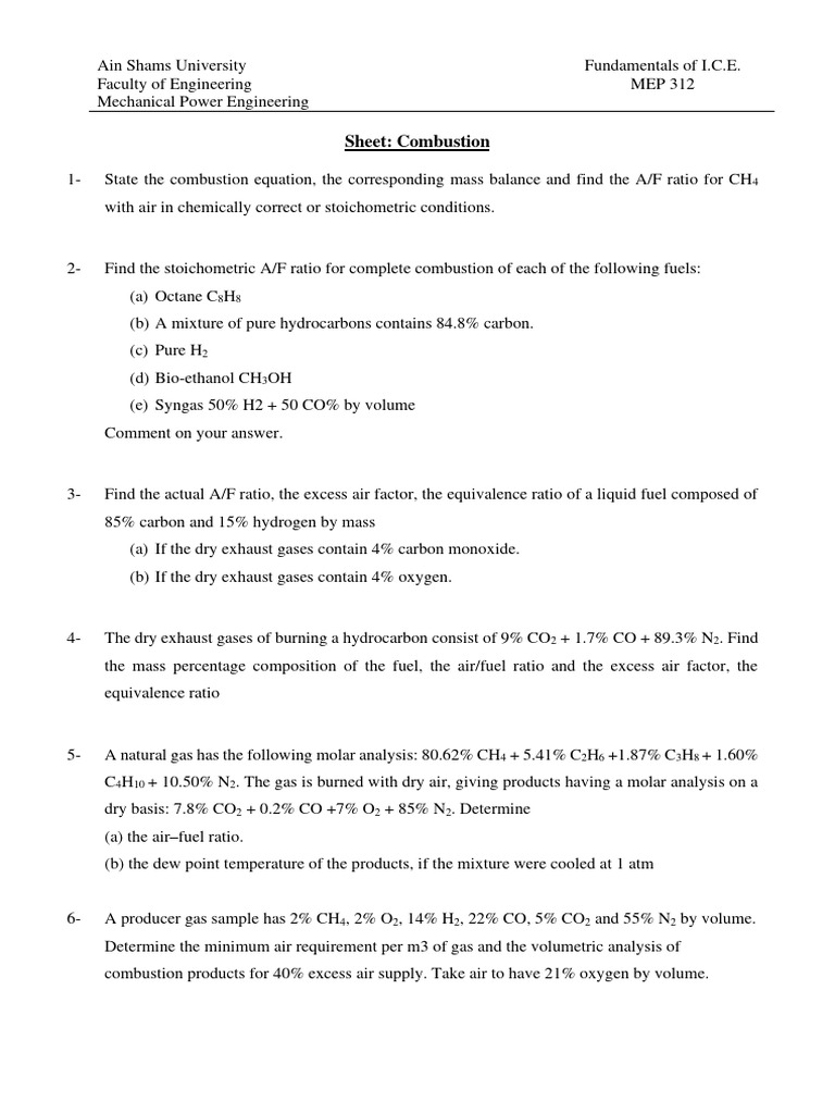 Sheet 2 - Combustion - Sp24 | PDF | Combustion | Fuels