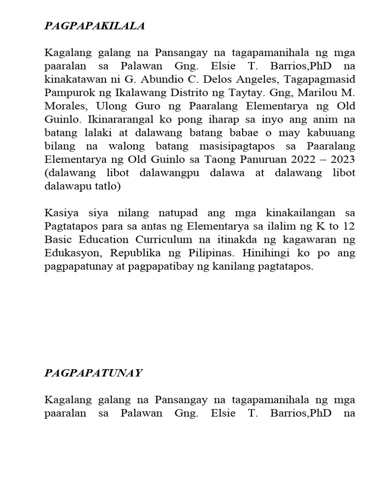 Pagpapakilala, Pagpapatunay at Pagpapatibay NG Pagtatapos | PDF