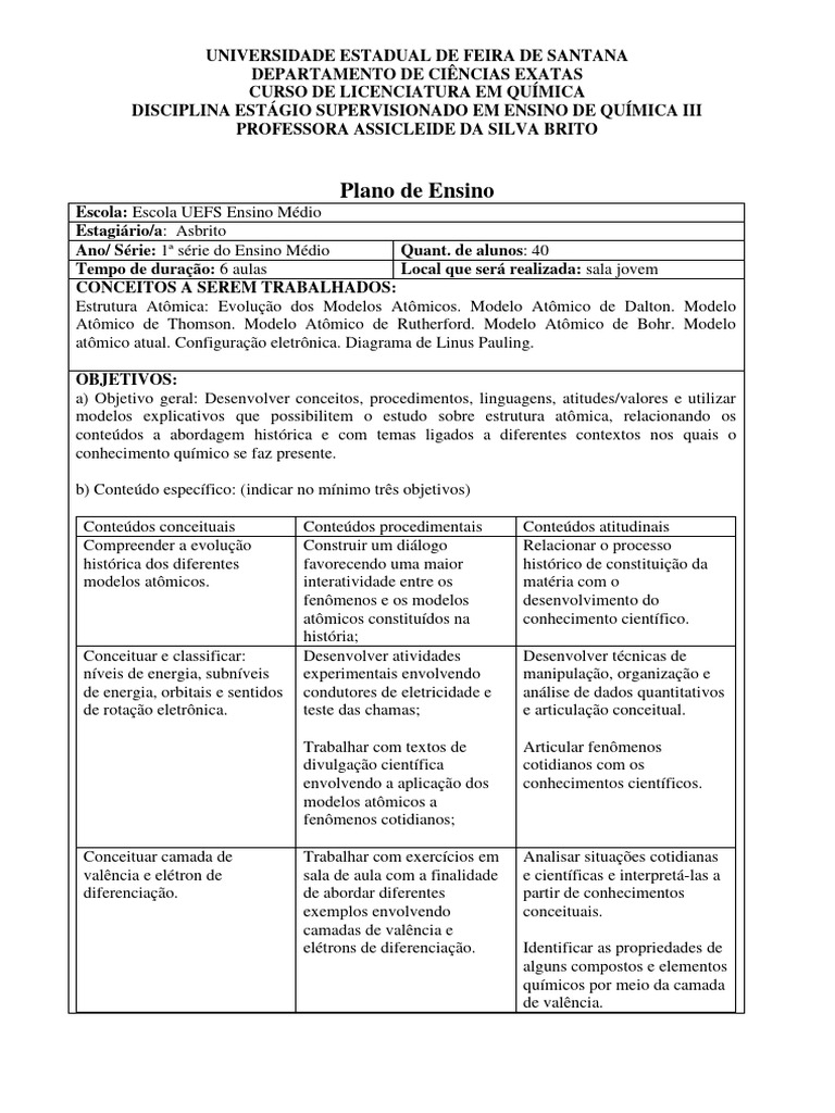 Plano De Ensino Química Em Preenchido Modelo Download Grátis Pdf