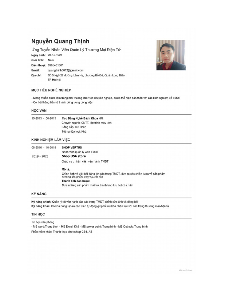 CV ứng tuyển nv quản lý TMDT | PDF