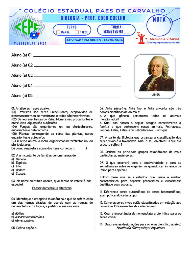 CEPC 3º ANO 2024 - TAXONOMIA - Atividade em Grupo PDF | PDF | Eucariotas | Taxonomia (Biologia)