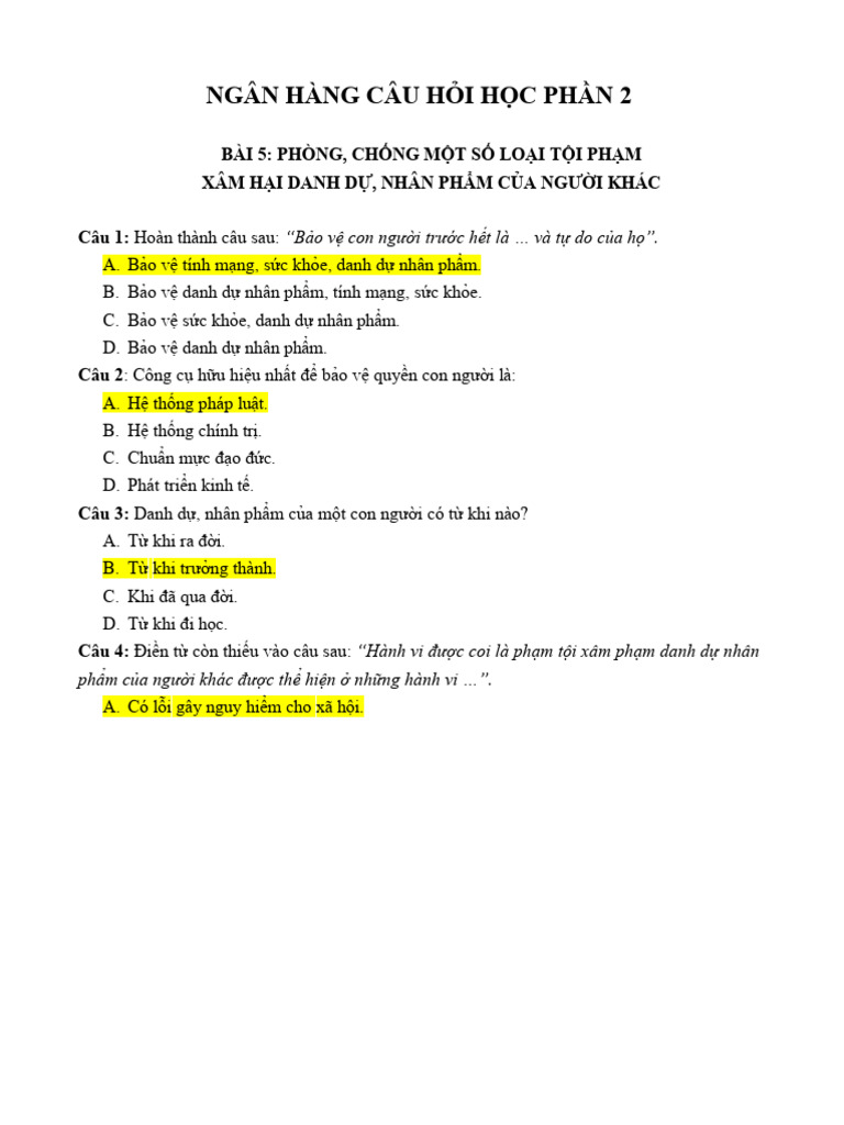 ĐÁP ÁN TRẮC NGHIỆM QP2 BÀI 5 - TIỂU ĐỘI 3 | PDF