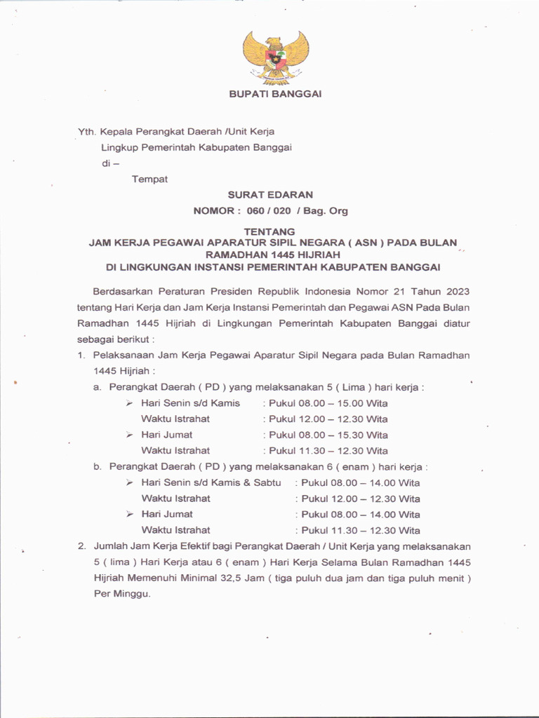 Surat Edaran Jam Kerja Ramadhan - 2024 | PDF