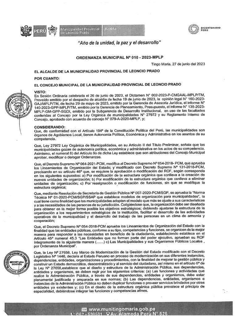 Ordenanza Municipal #020-2023-Mplp-Rof 2023 | PDF