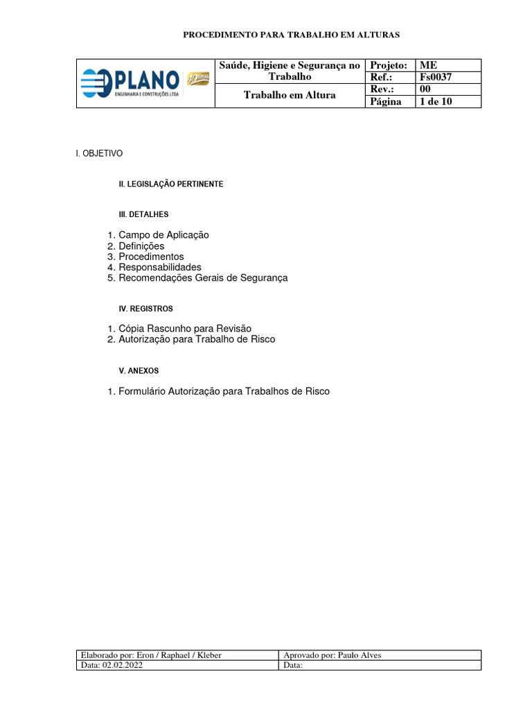 Procedimento-de-Trabalho-em-Altura PLANO | PDF