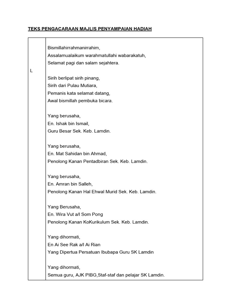 Teks Pengacaraan Majlis Penyampaian Hadiah | PDF Teks Pengacaraan Majlis Penyampaian Hadiah | PDF