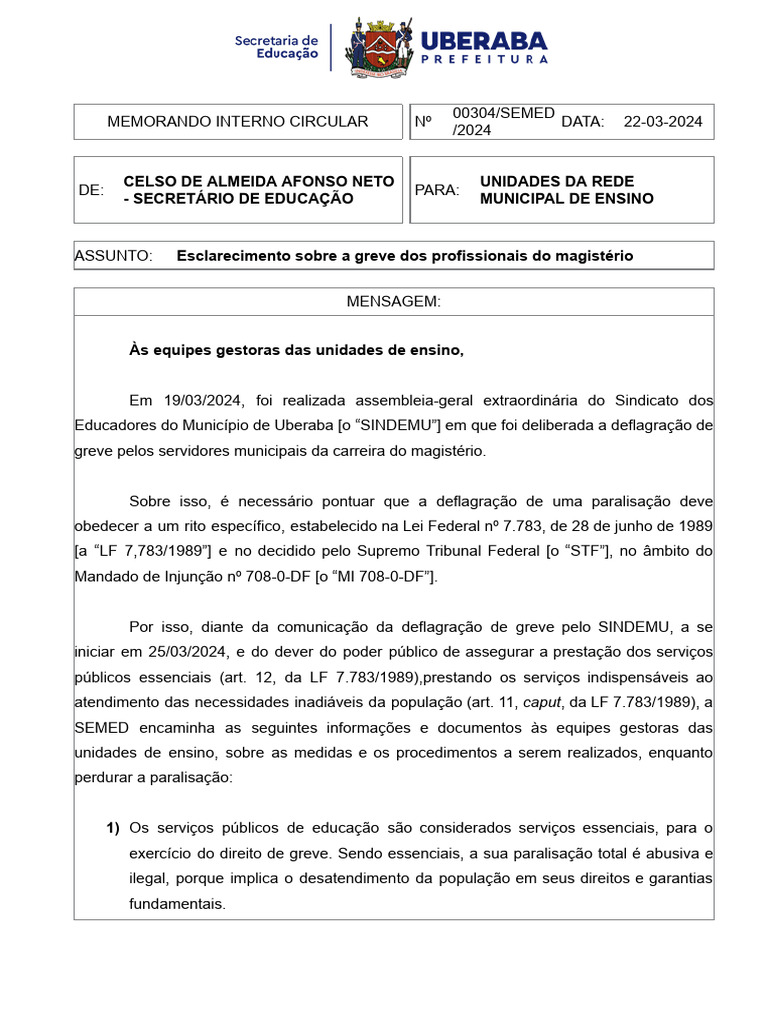 2024.03.22 - Memorando Circular 304.2024 | PDF | Greve | Pré-escola
