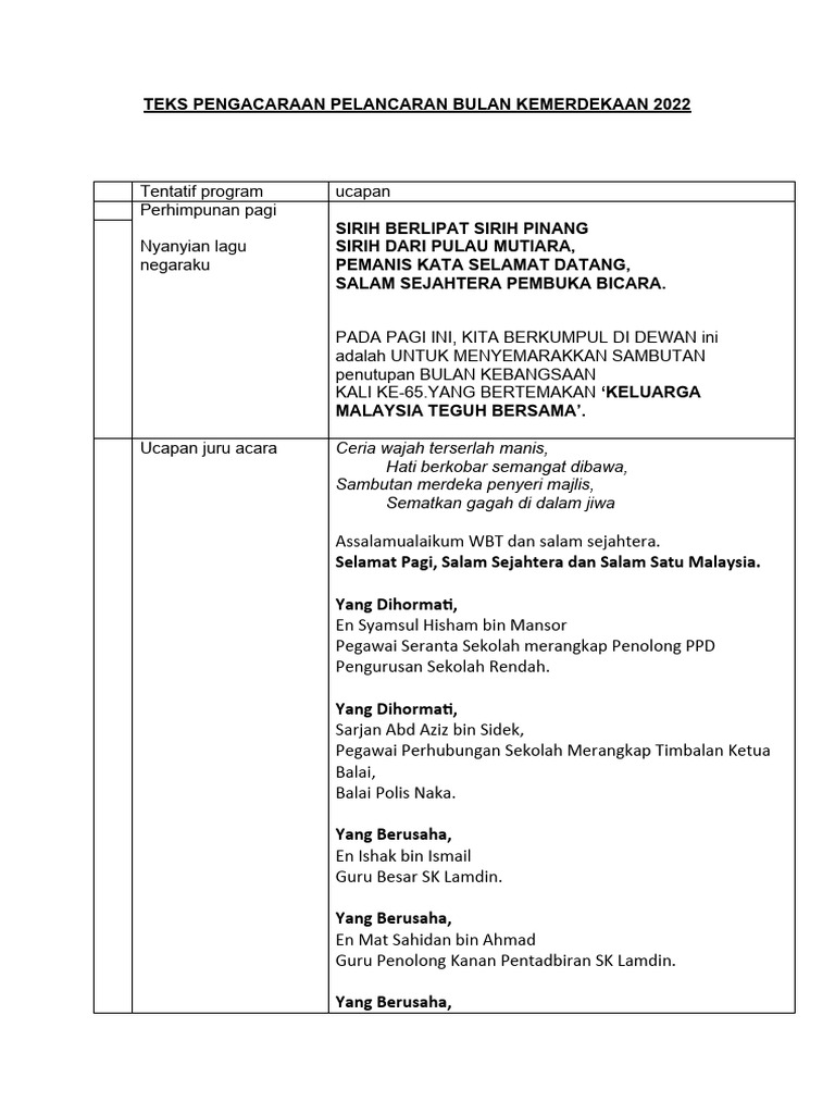 Teks Pengacaraan Pelancaran Bulan Kemerdekaan | PDF