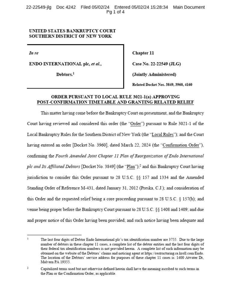 Endo International Bankruptcy Order Summary | PDF | Chapter 11 ...