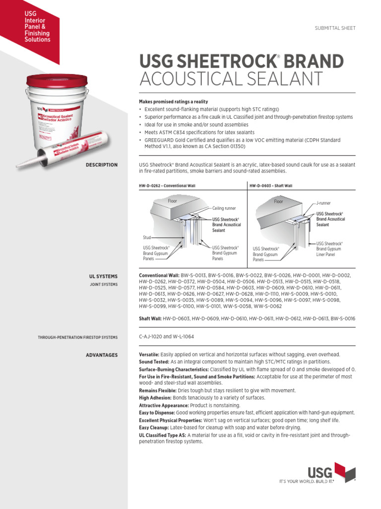 USG Sheetrock-Acoustical-Sealant-Submittal-J678 | PDF | Drywall | Pipe ...