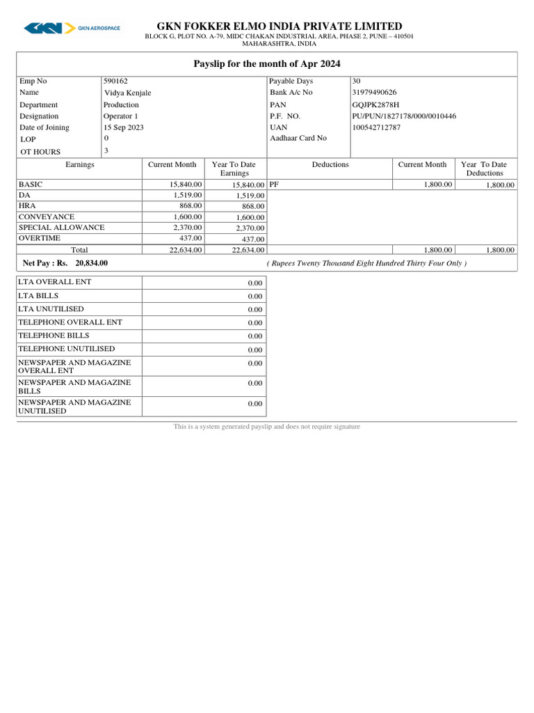 Payslip Apr 2024 | PDF | Payments | Expense