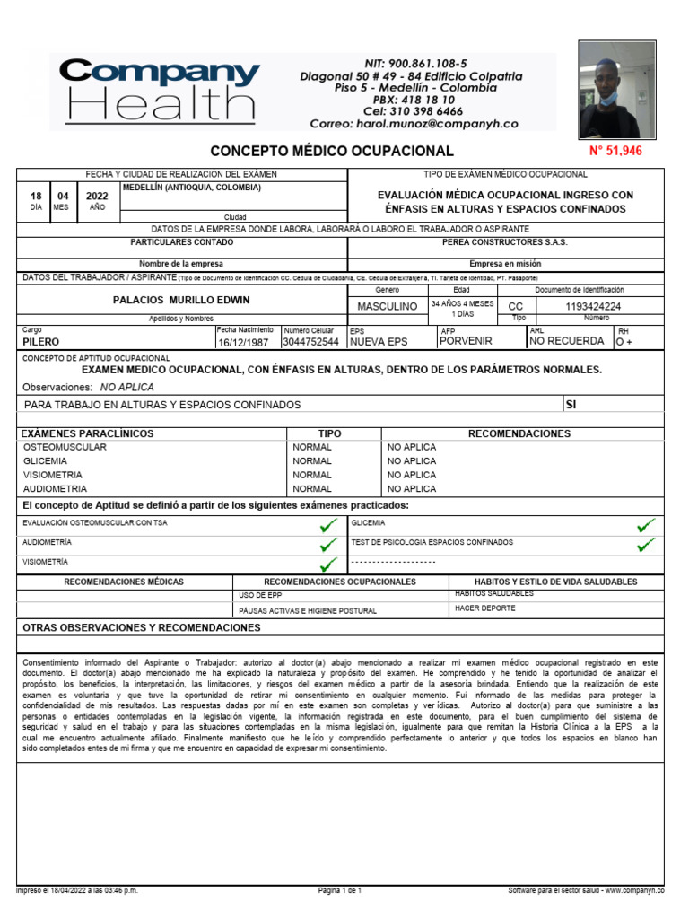 Perea Constructores - Palacios Murillo Edwin | PDF | Documento de identidad