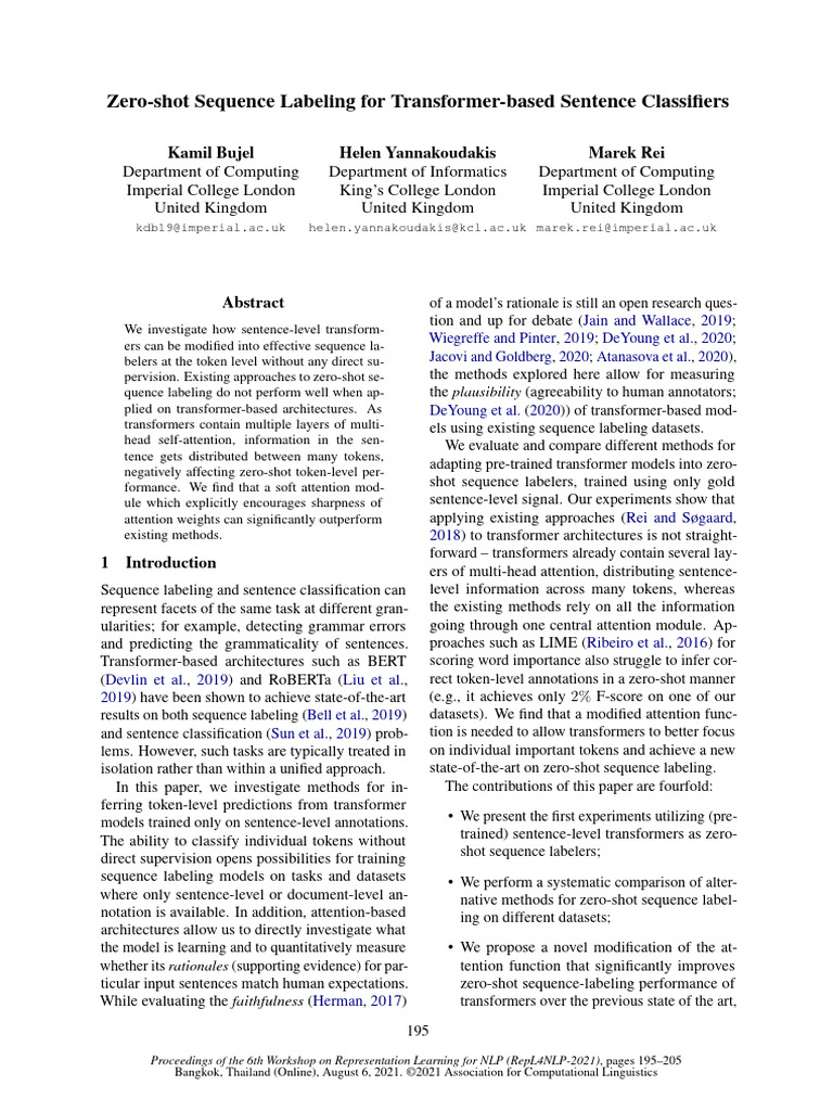 Zero-shot Sequence Labeling for Transformer-based Sentence Classifiers | PDF | Statistical ...