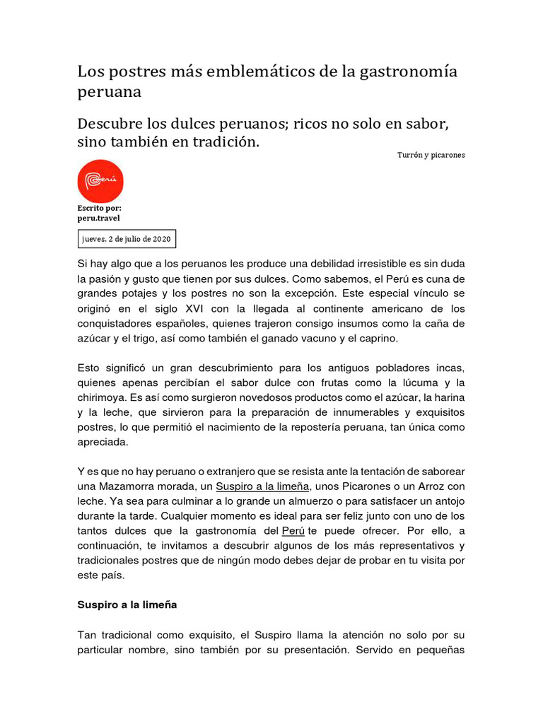 Los Postres Más Emblemáticos de La Gastronomía Peruana | PDF | Postres | Cocinando