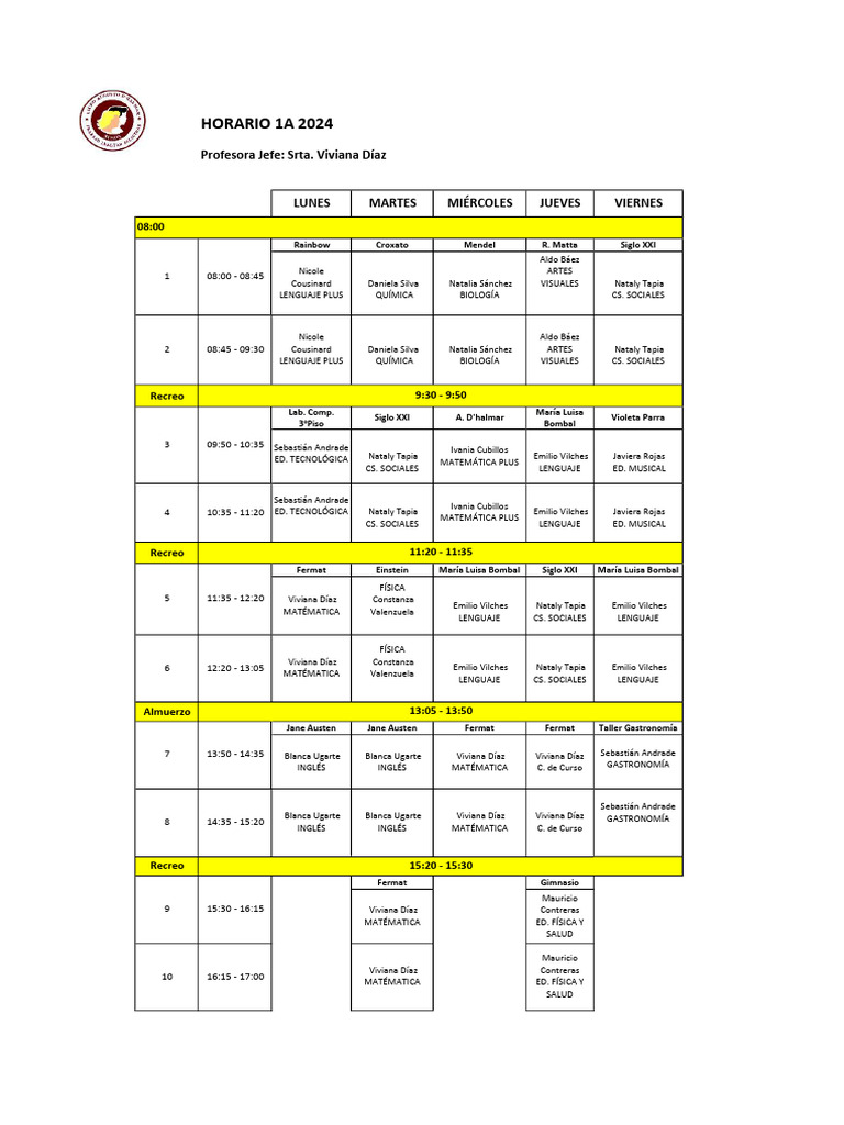 HORARIO 1A 2024: Profesora Jefe: Srta. Viviana Díaz | PDF