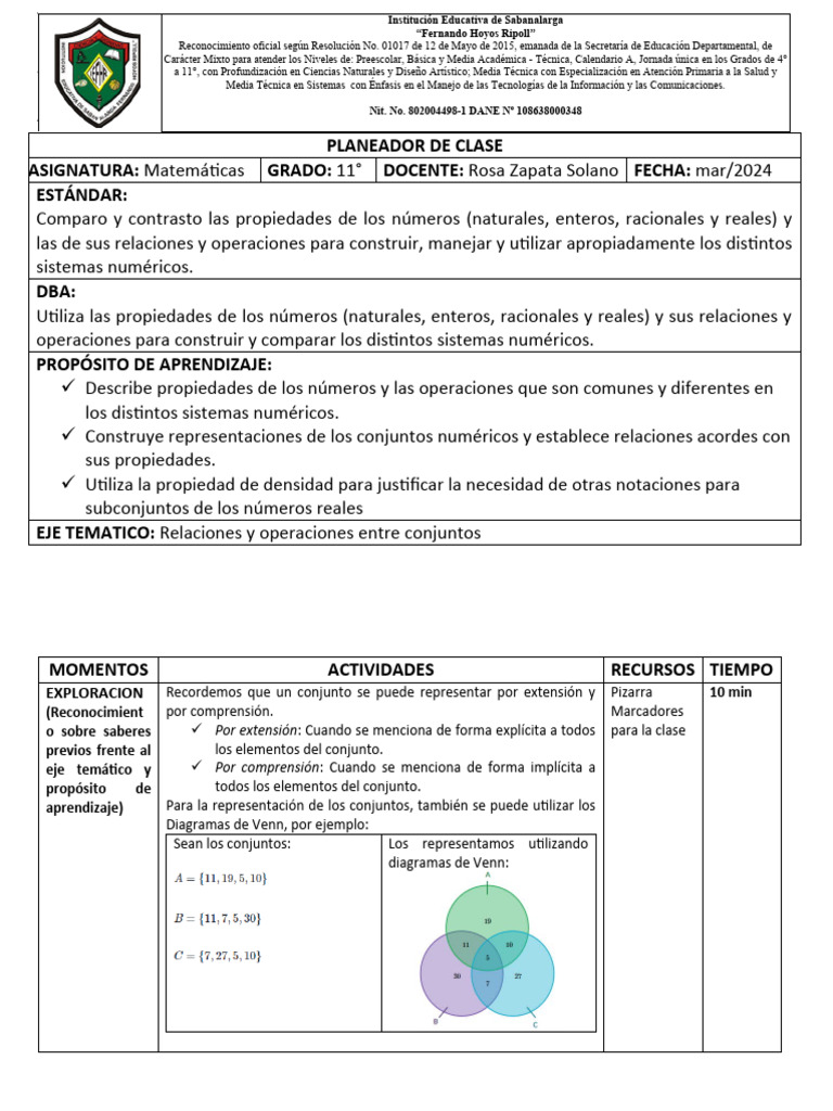 PLANEADOR DE CLASE 11° Matemáticas (4. Relaciones y Operacion Entre ...