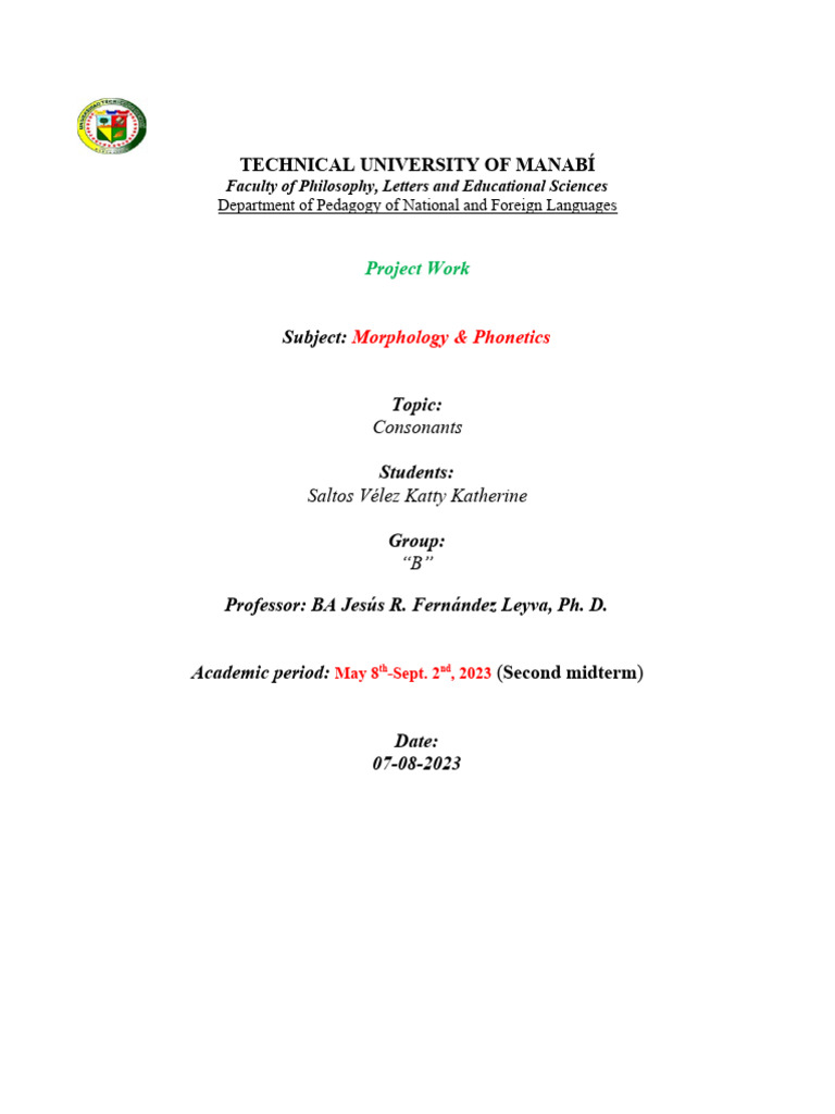 Project Work 1-2. Morph. & Phonetics-COVER | PDF | Consonant | Phonetics