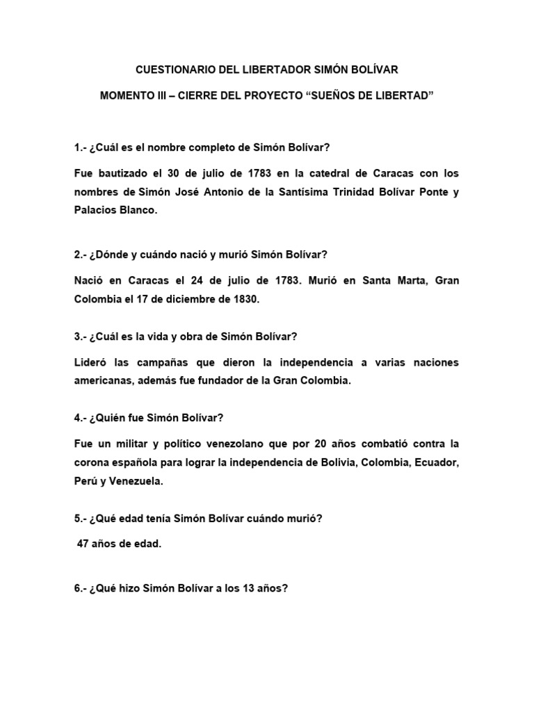 Cuestionario sobre Simón Bolívar | PDF