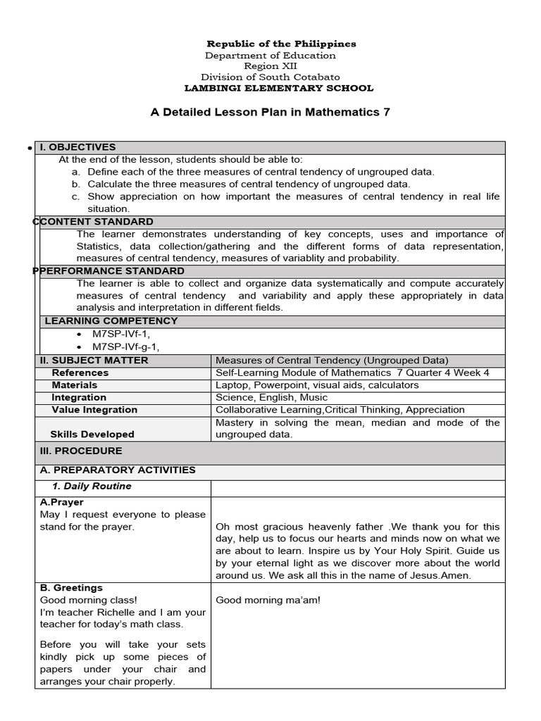 Math 7 Lesson Plan: Central Tendency | PDF | Mode (Statistics) | Mean