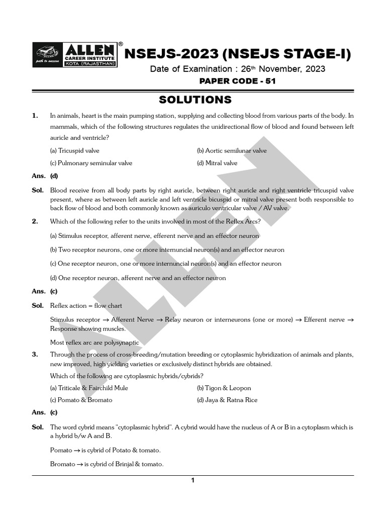 NSEJS 2023 Exam Paper Solution | PDF | Epithelium | Heart Valve