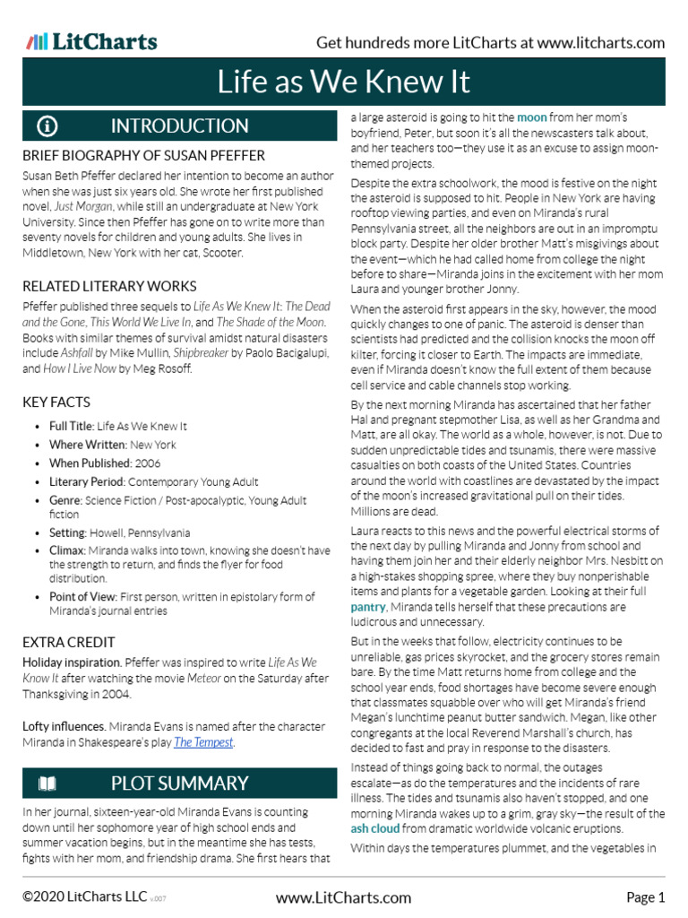 Life As We Knew It LitChart | PDF