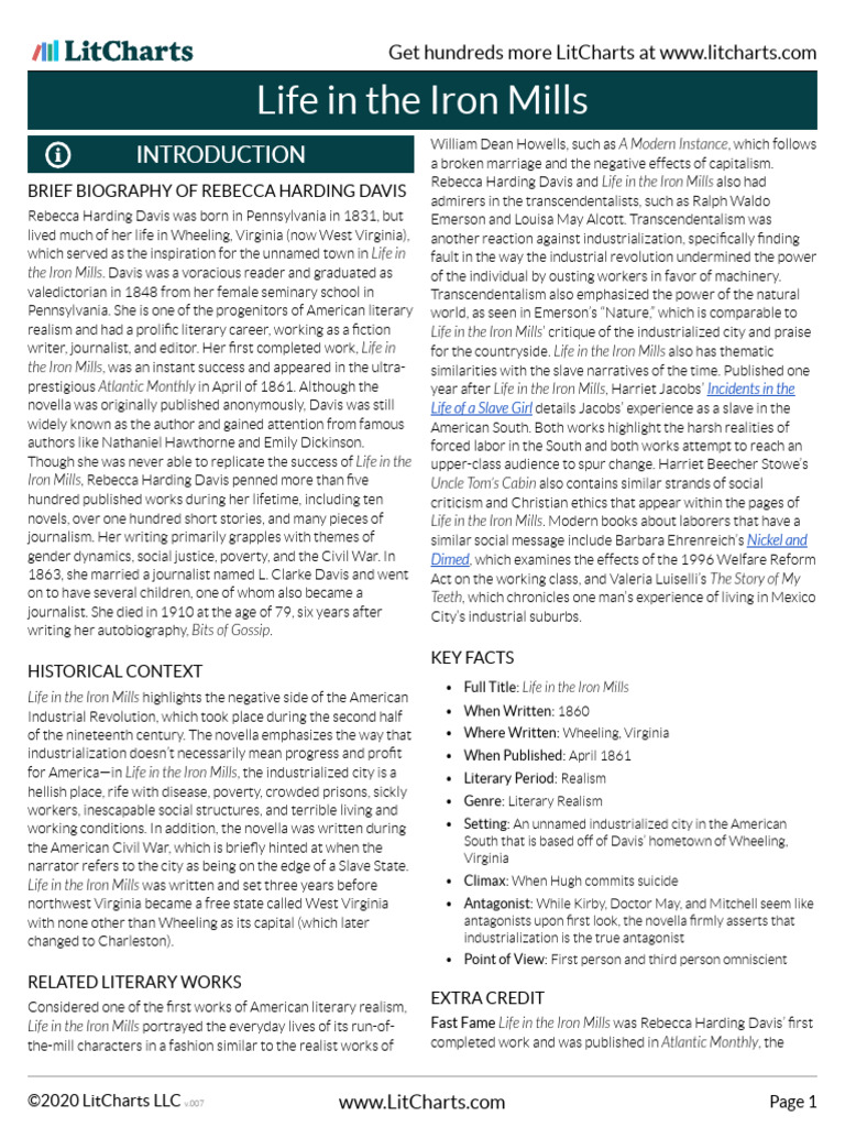 Life-in-the-Iron-Mills-LitChart | PDF | Transcendentalism